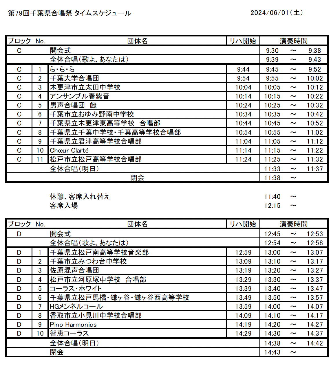 第79回千葉県合唱祭 タイムスケジュール – 千葉県合唱連盟